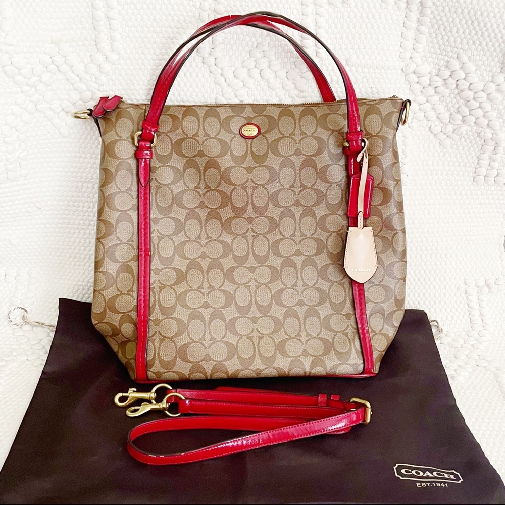 Coach Brown And Red Signature C Leather Top Handle Sh… - Gem